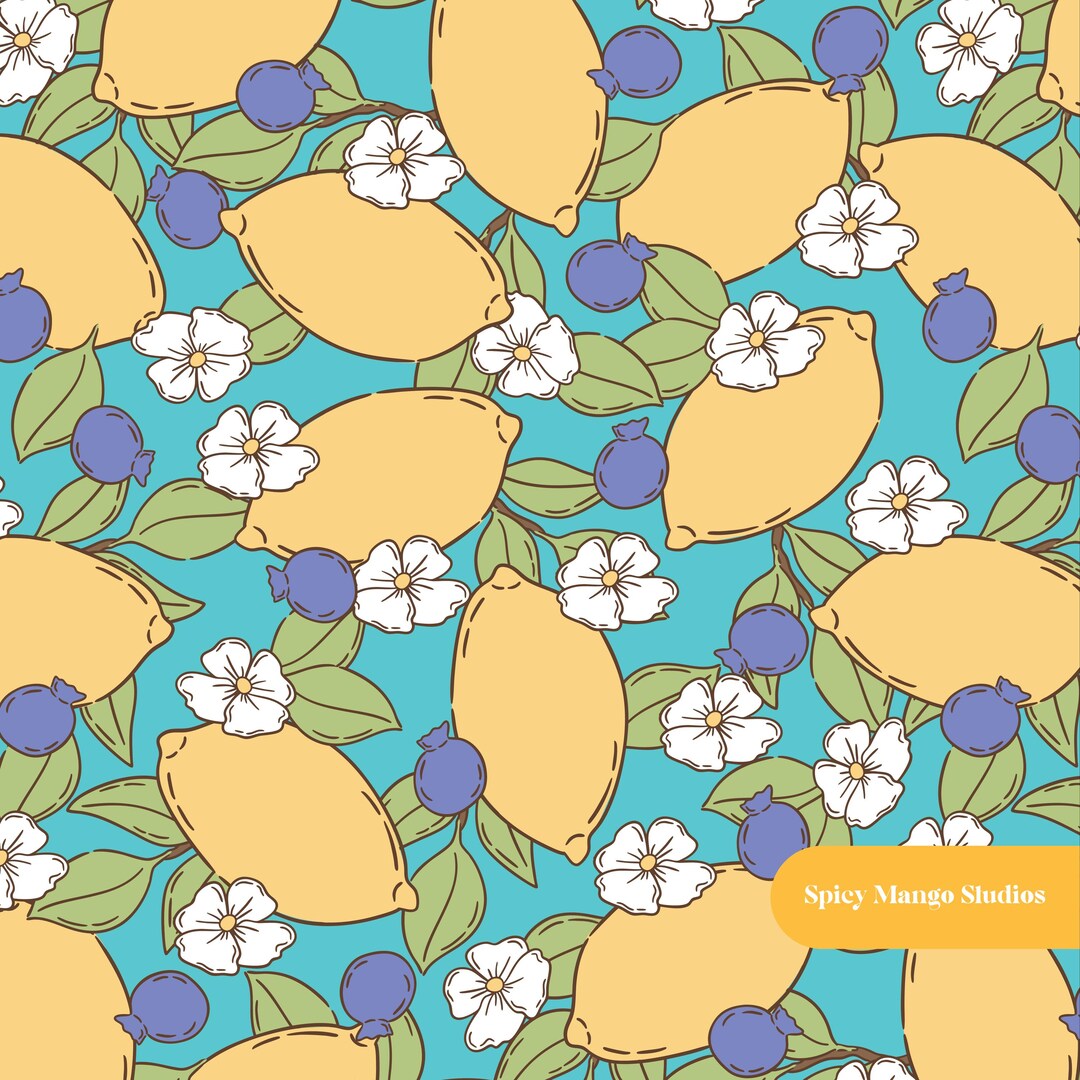 Blueberry Lemon Floral Seamless Pattern in Teal - Etsy