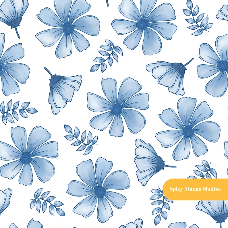 Thalea Blue Floral Seamless Pattern | Digital Flower Design for Fabric ...
