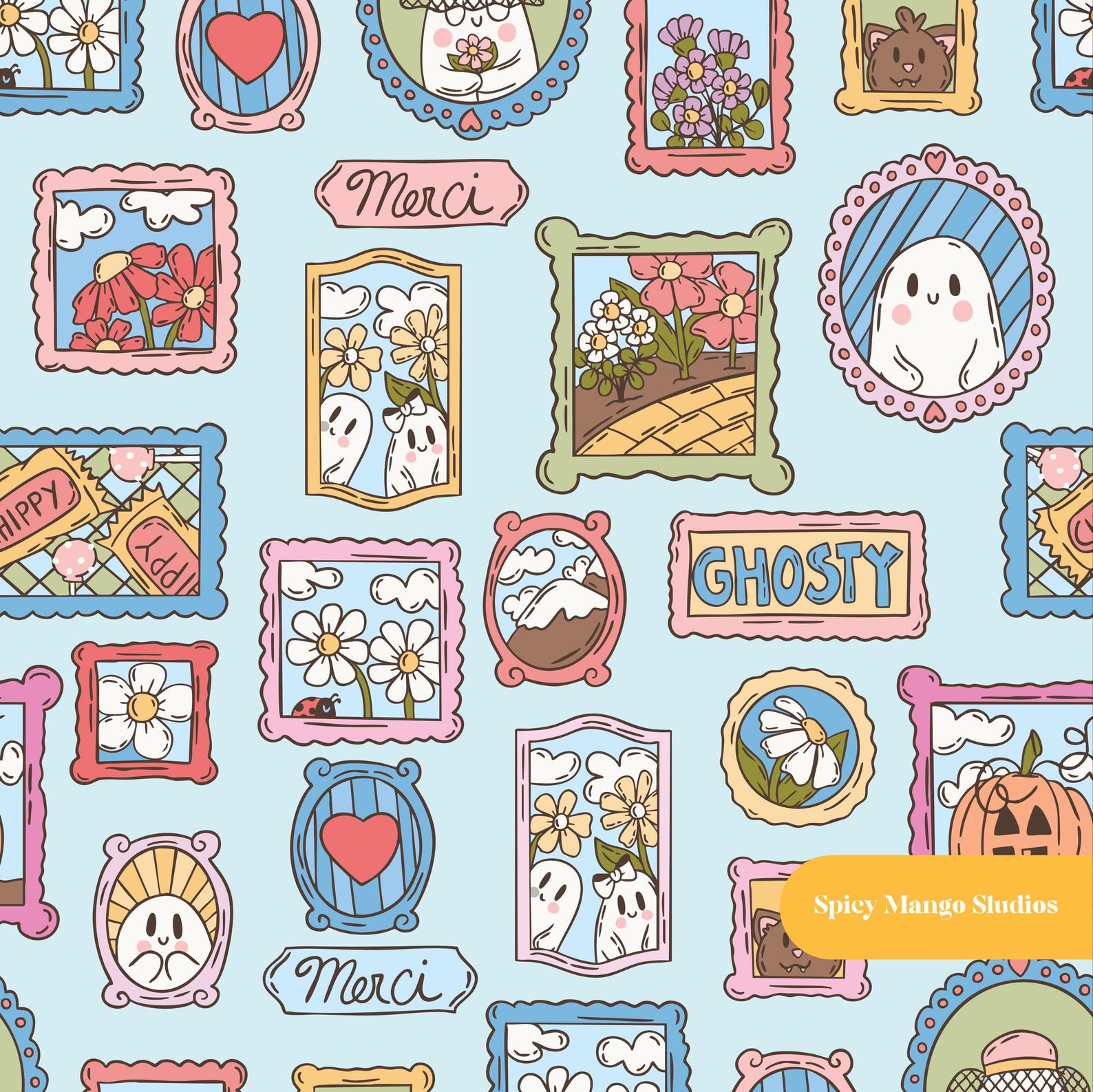 Spooky Portraits Seamless Pattern in Light Blue - Etsy