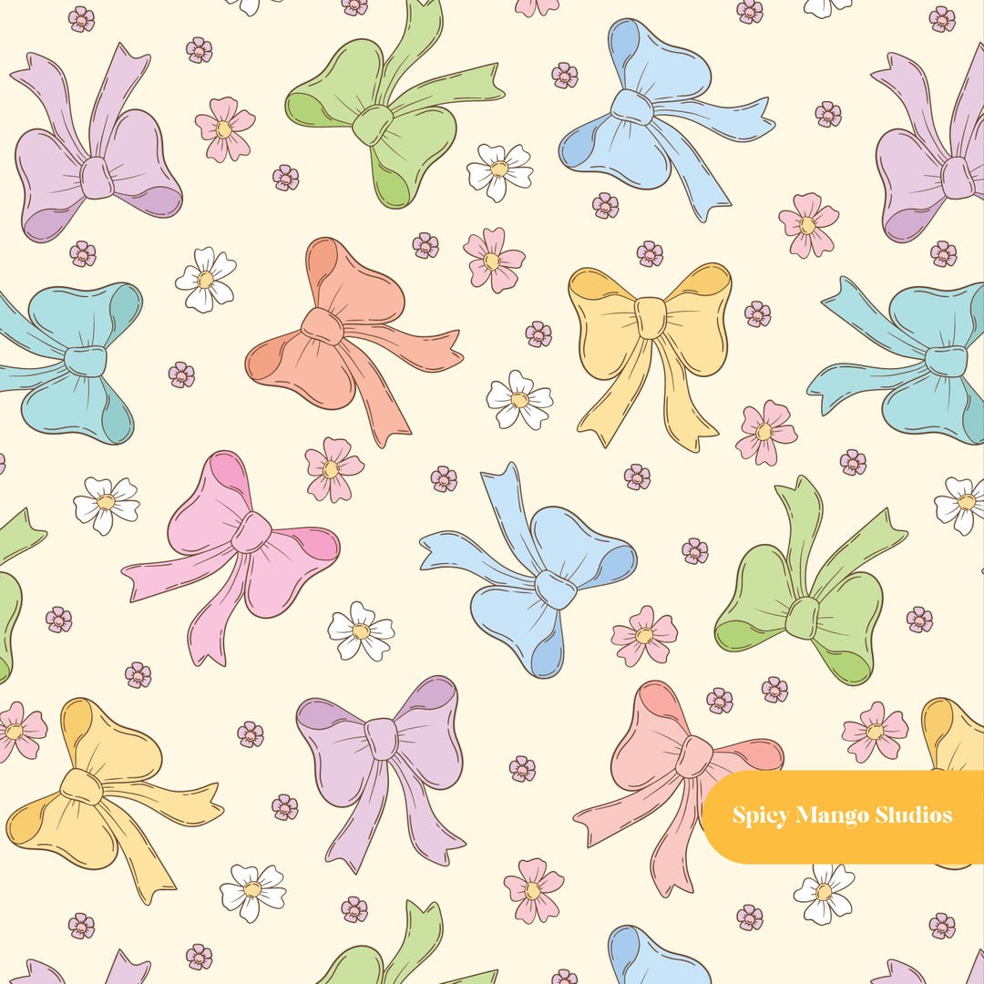 Digital Download - Retro Bow Floral Seamless Pattern in Pastel Yellow ...