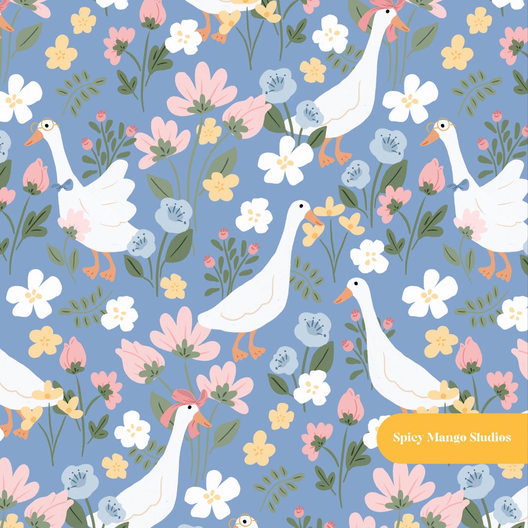 Goose Floral Pattern, Blue Seamless Design (digital Download) - Etsy