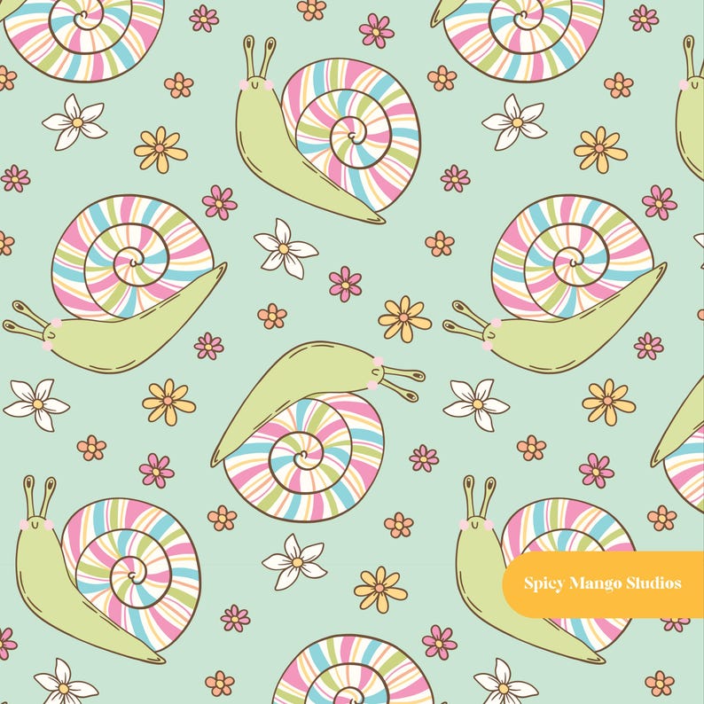 Rainbow Swirl Snails Seamless Pattern in Mint - Etsy