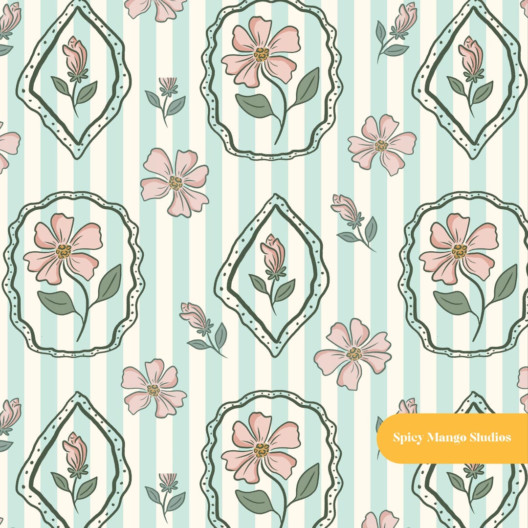 Cosette Floral Seamless Pattern in Aqua and Beige Pinstripe - Etsy