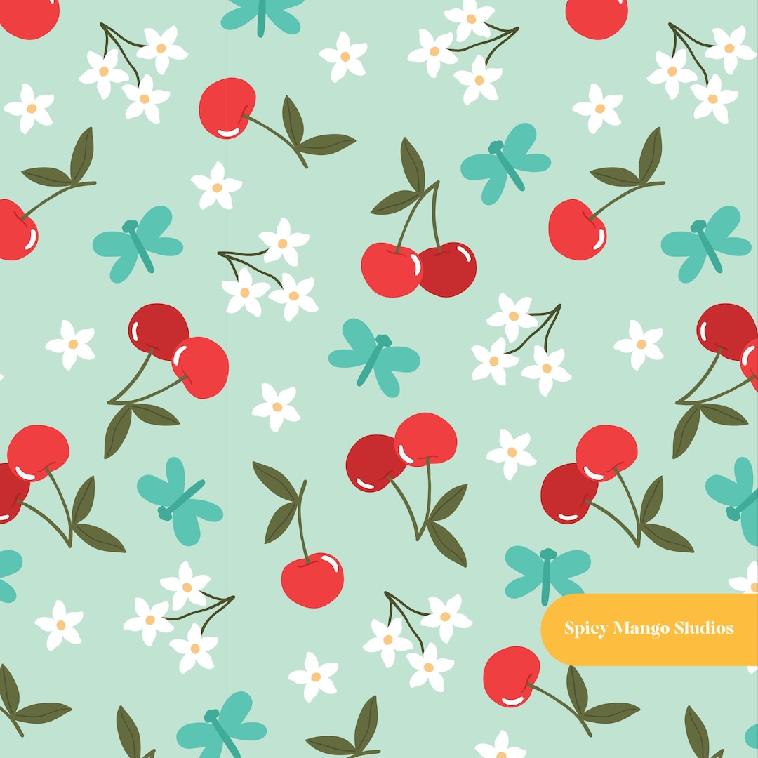 Cherry Floral Seamless Pattern in Mint - Etsy