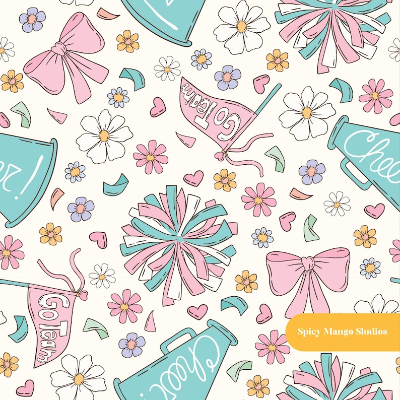 Cheerleading Seamless Pattern in Pink and Teal - Etsy