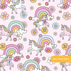 Rainbow Unicorn Floral Seamless Pattern in Light Pink - Etsy