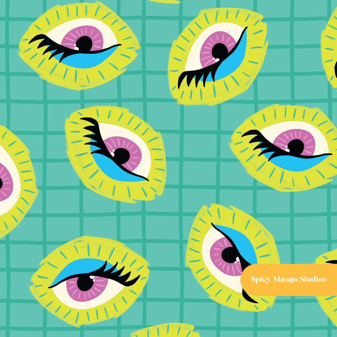 Neon Evil Eye Gingham Seamless Pattern in Teal - Etsy