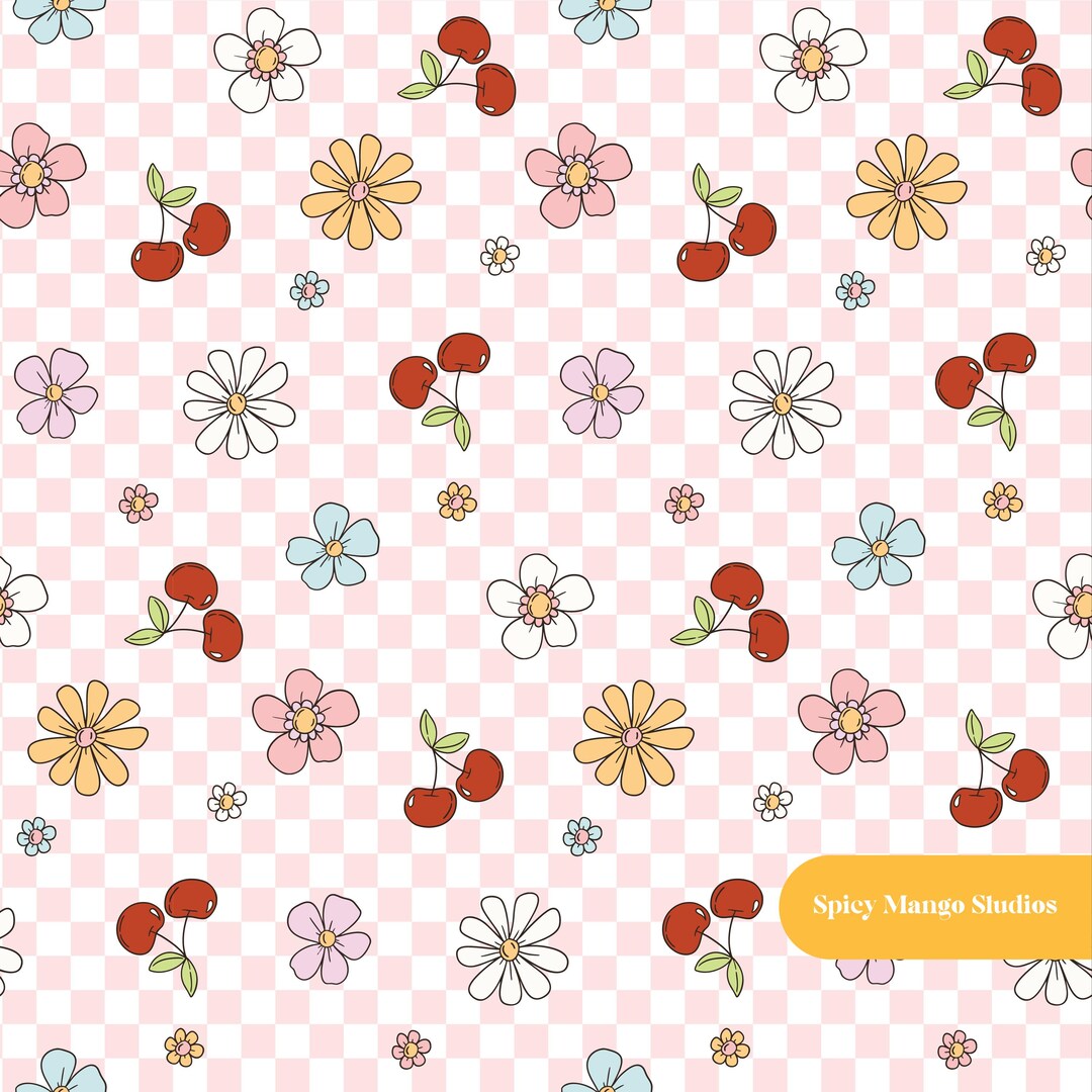 Cherry Floral Seamless Pattern in Pink Checker - Etsy