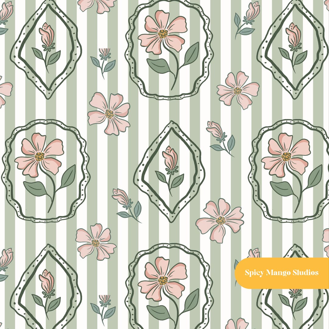 Cosette Floral Seamless Pattern in Sage and White Pinstripe - Etsy