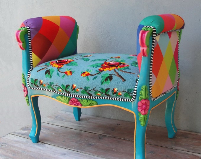 Rainbow Bench Bohemian Vanity Chair Embroidered Flower Power Vanity ...