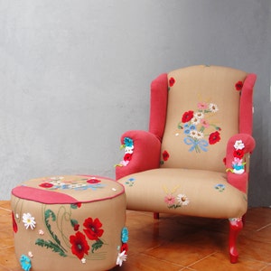 Embroidered Armchair With Matching Ottoman Daisies and Poppies Bohemian ...