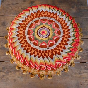 Round Crochet Ottoman: Bohemian Fringe Pouf, Vintage Textile - Etsy