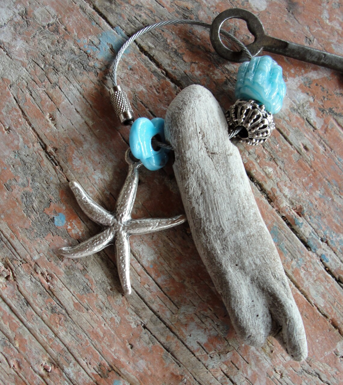 Sea Treasures Keychain Driftwood Starfish Glass Nautical - Etsy