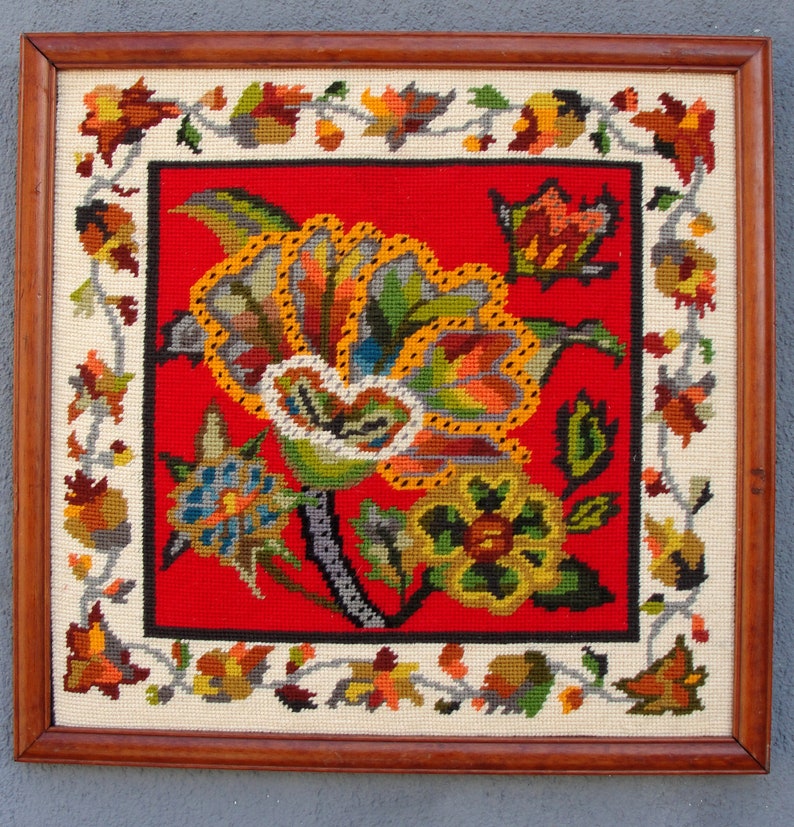 Vintage Needlepoint Embroidery Framed Textile Art Floral - Etsy