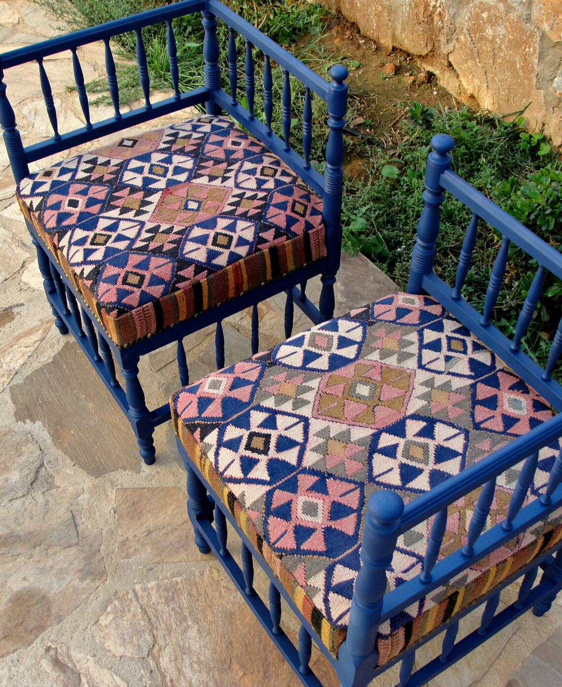 Blue Kilim Chairs Two Corner Chairs Bohemian Geometric | Etsy