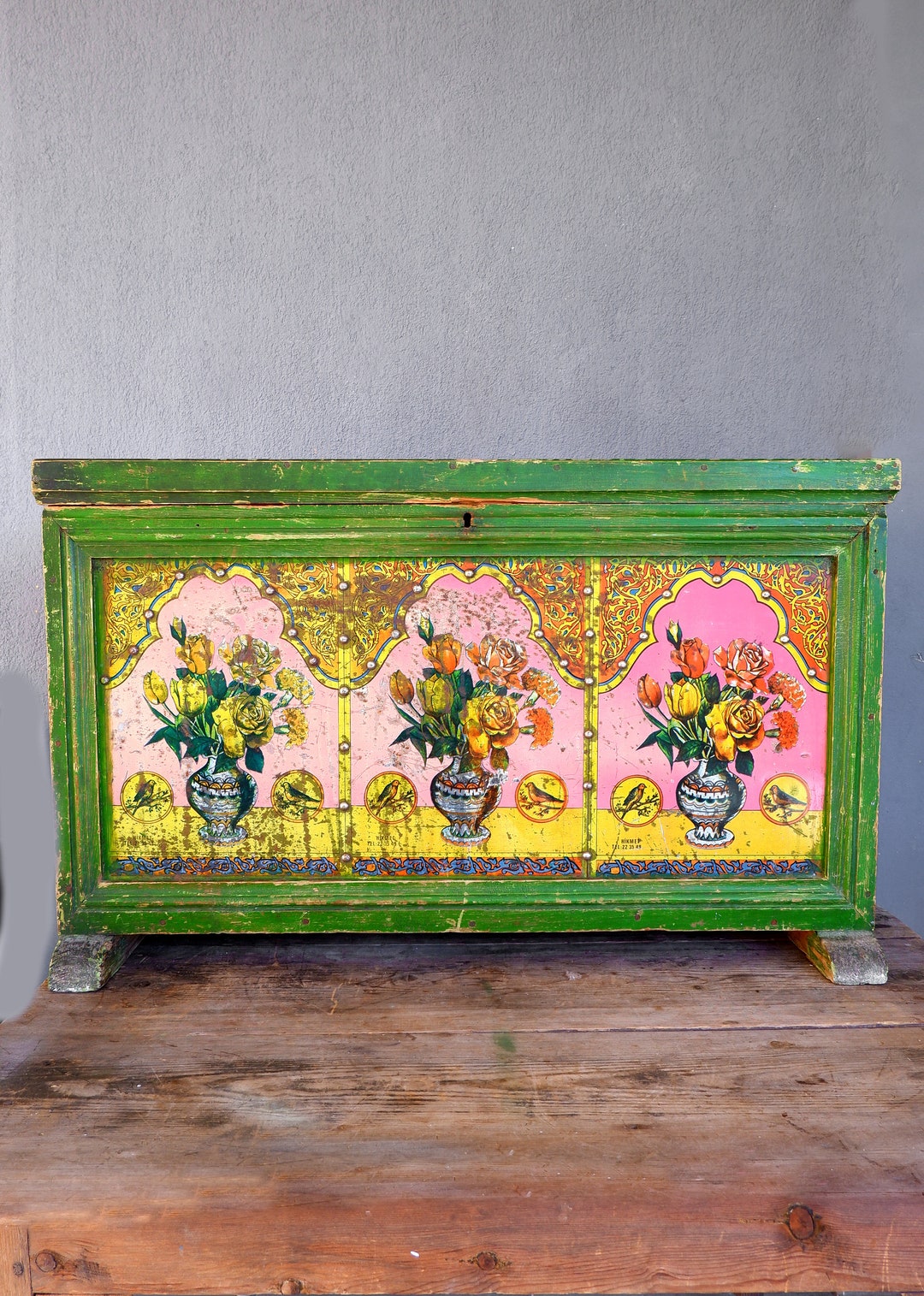 Green Floral Chest, Vintage Wooden Chest Trunk Footlocker 1930s ...