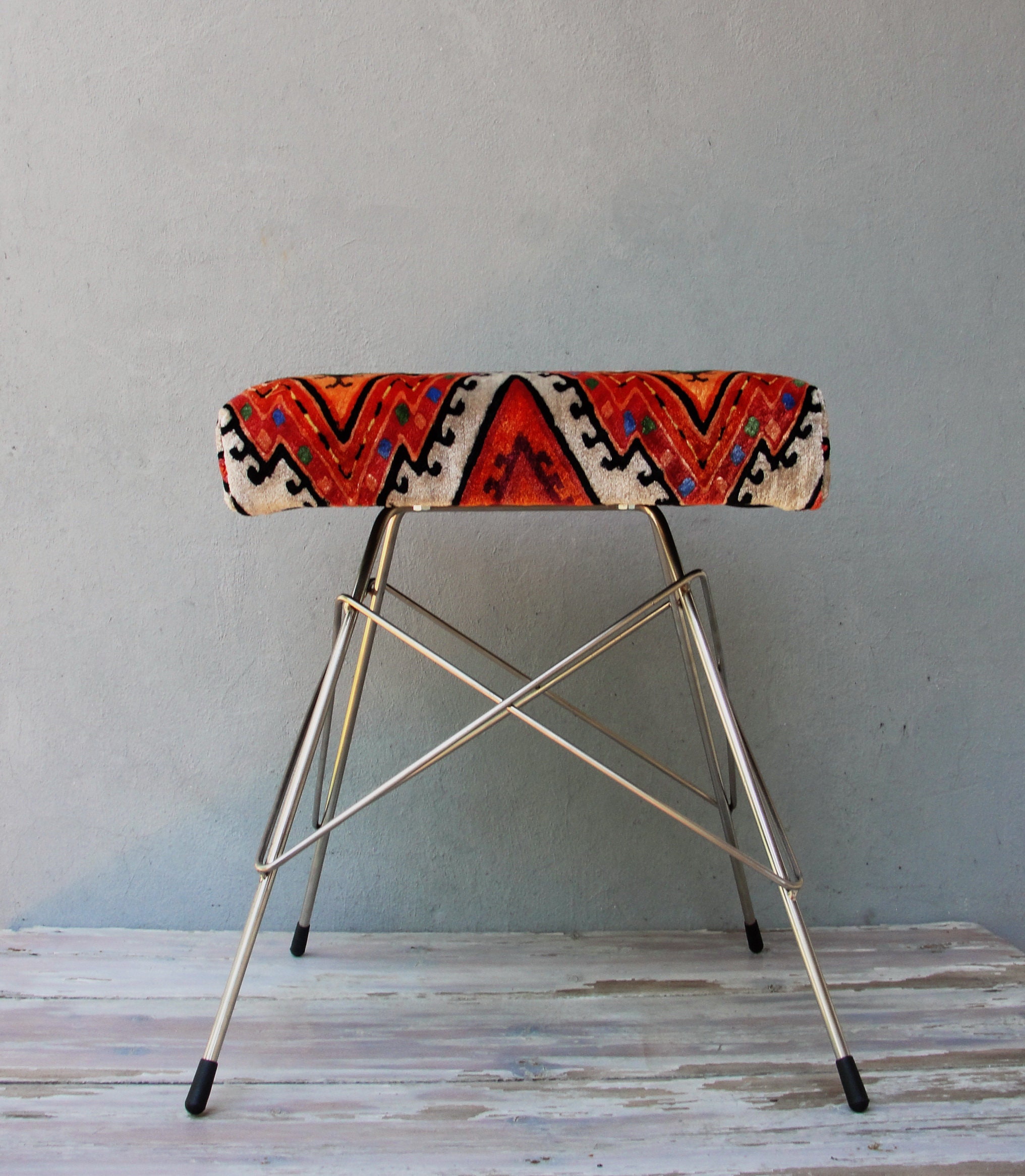 Mid-century Stool, Geometric Chair Embroidered Stool Pouf Art Deco ...