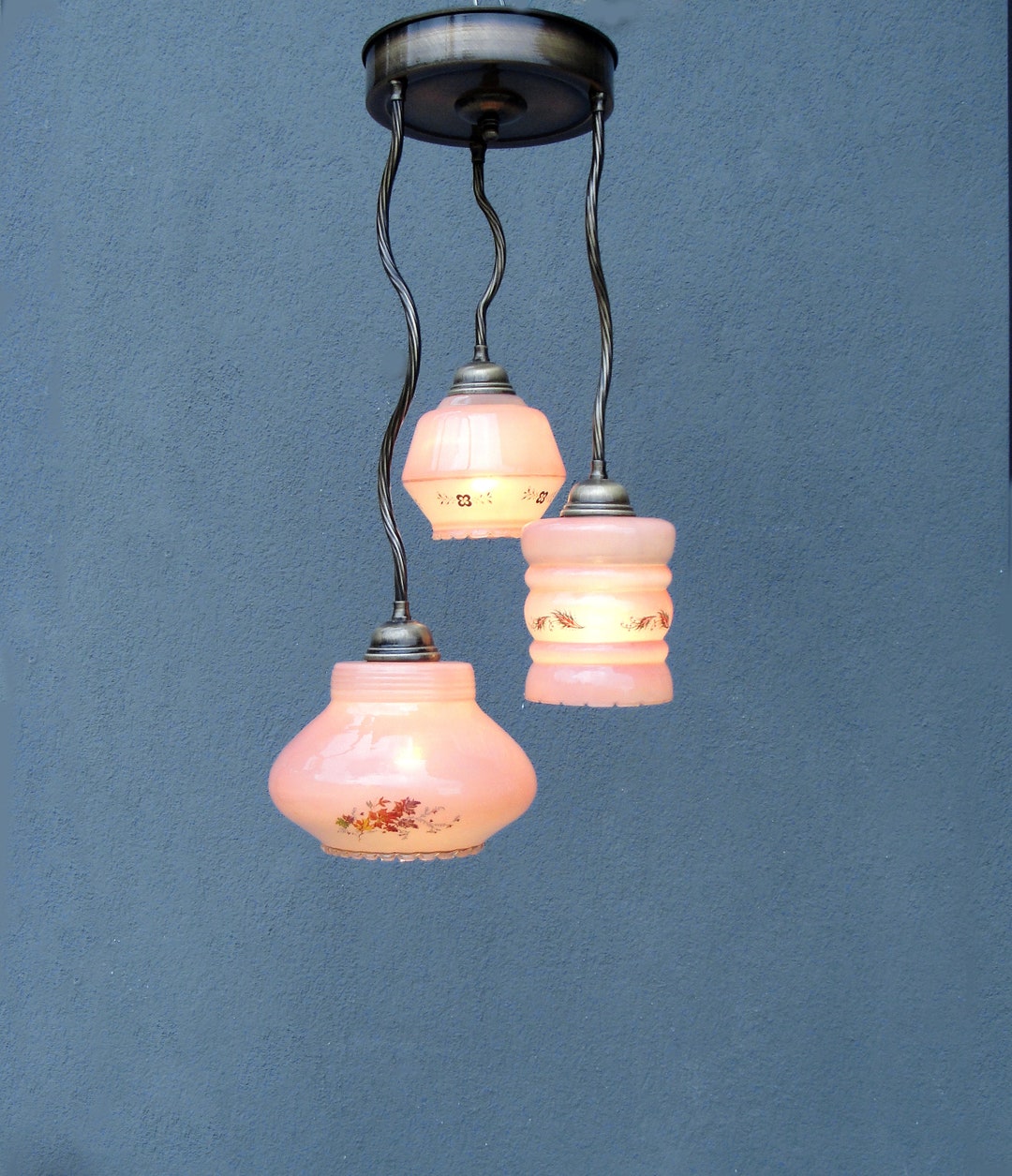 Midcentury Glass Triple Swag Lamp: Floral Art Glass Pendant, 1950s ...