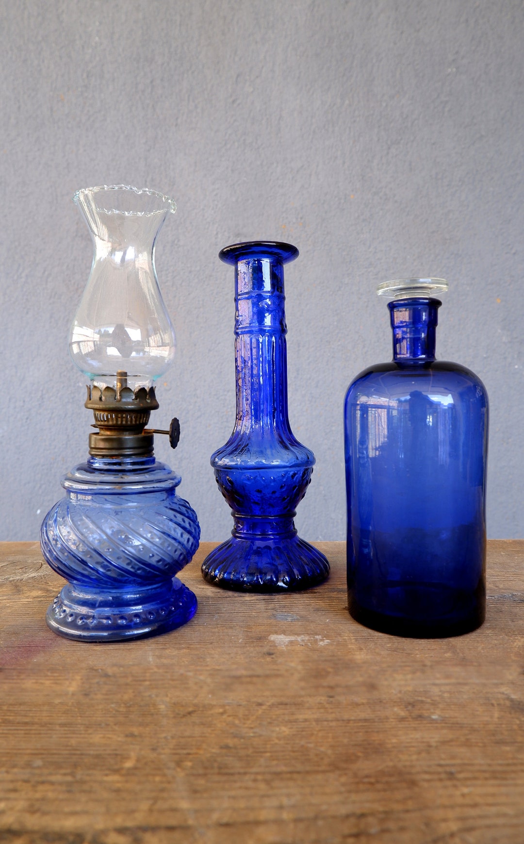 Cobalt Blue Glass Trio Set, Glass Oil Lamp, Blue Glass Vase, Medicine ...
