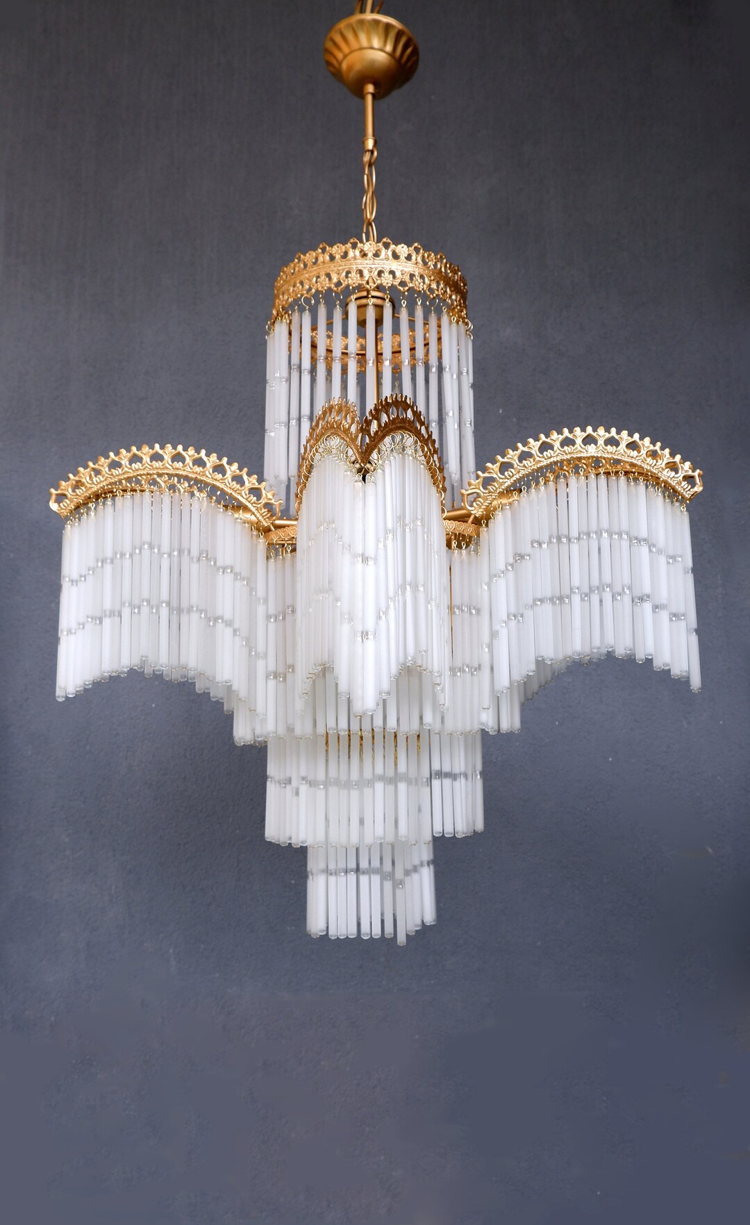 Retro Glass Fringe Chandelier, Art Deco Style, Ceiling Pendant Light ...