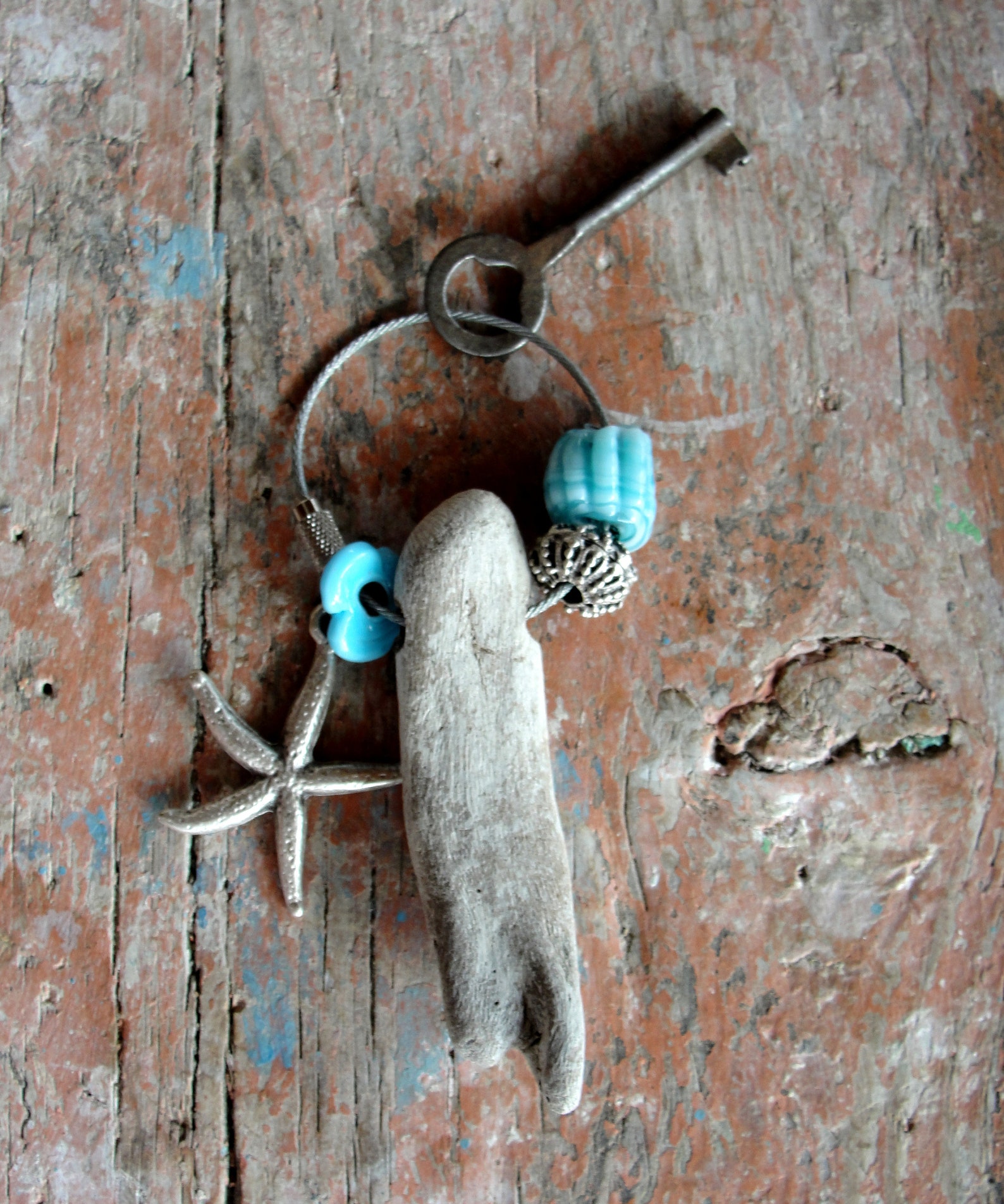 Sea Treasures Keychain Driftwood Starfish Glass Nautical - Etsy