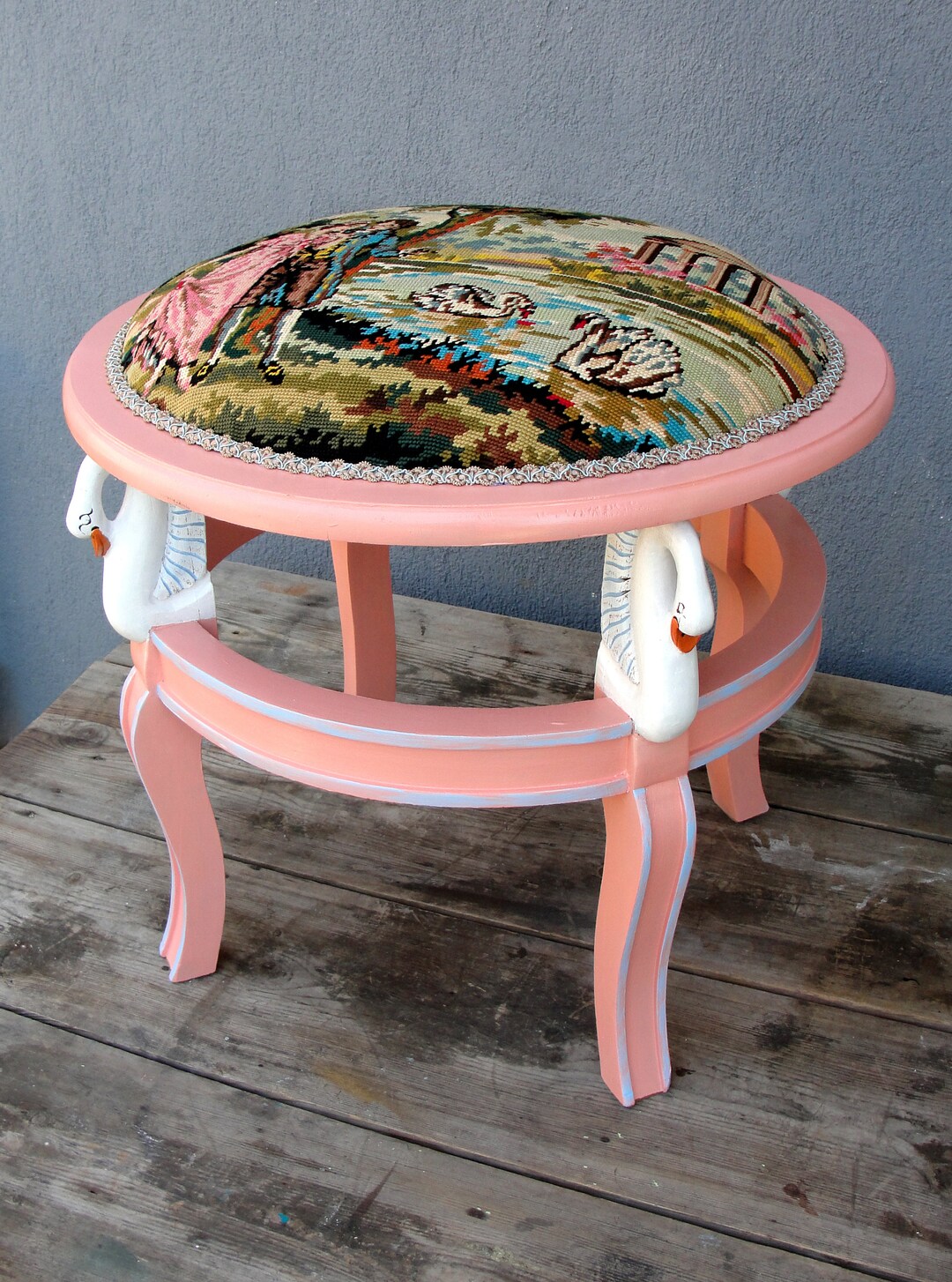 Swan Lake Embroidered Ottoman, Vintage Embroidery Pouf Bohemian Wooden ...