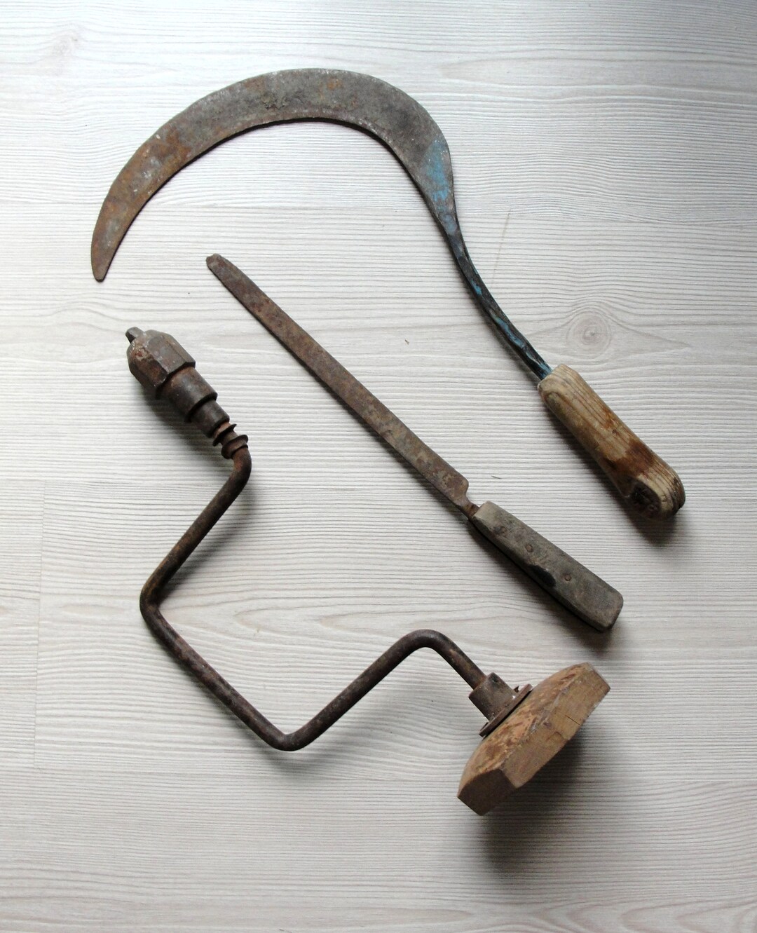 Vintage Handmade Primitive Tools, Hand Drill, Cutting Tools, Farmhouse ...