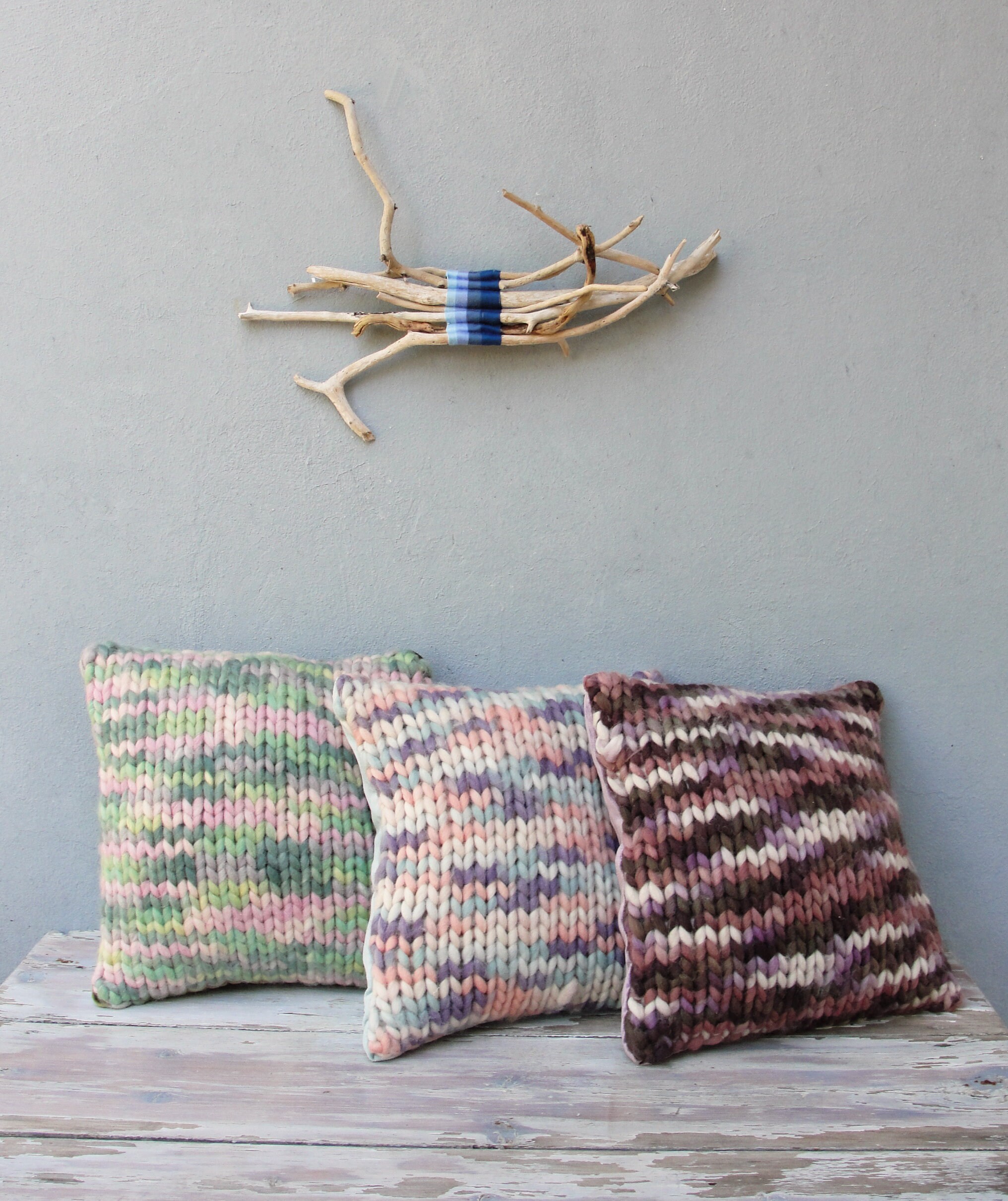 Hand Knitted Pillow Cushion 100% Super Wash Wool Roving Wool | Etsy