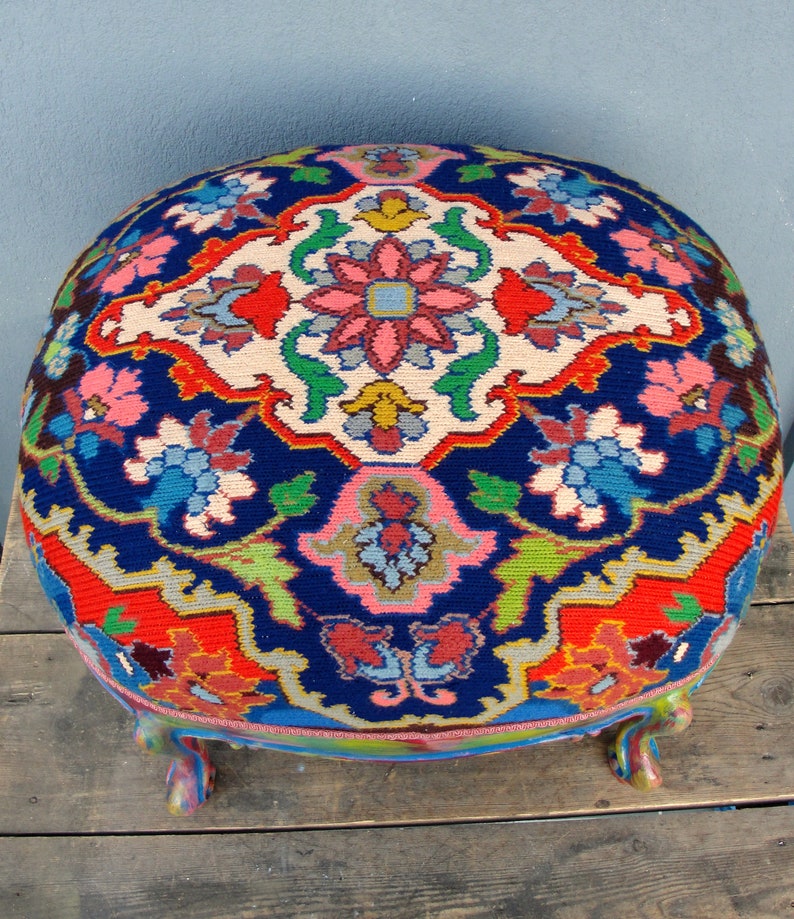 Rainbow Floral Embroidered Ottoman: Hand-carved Queen Anne Style Wooden ...