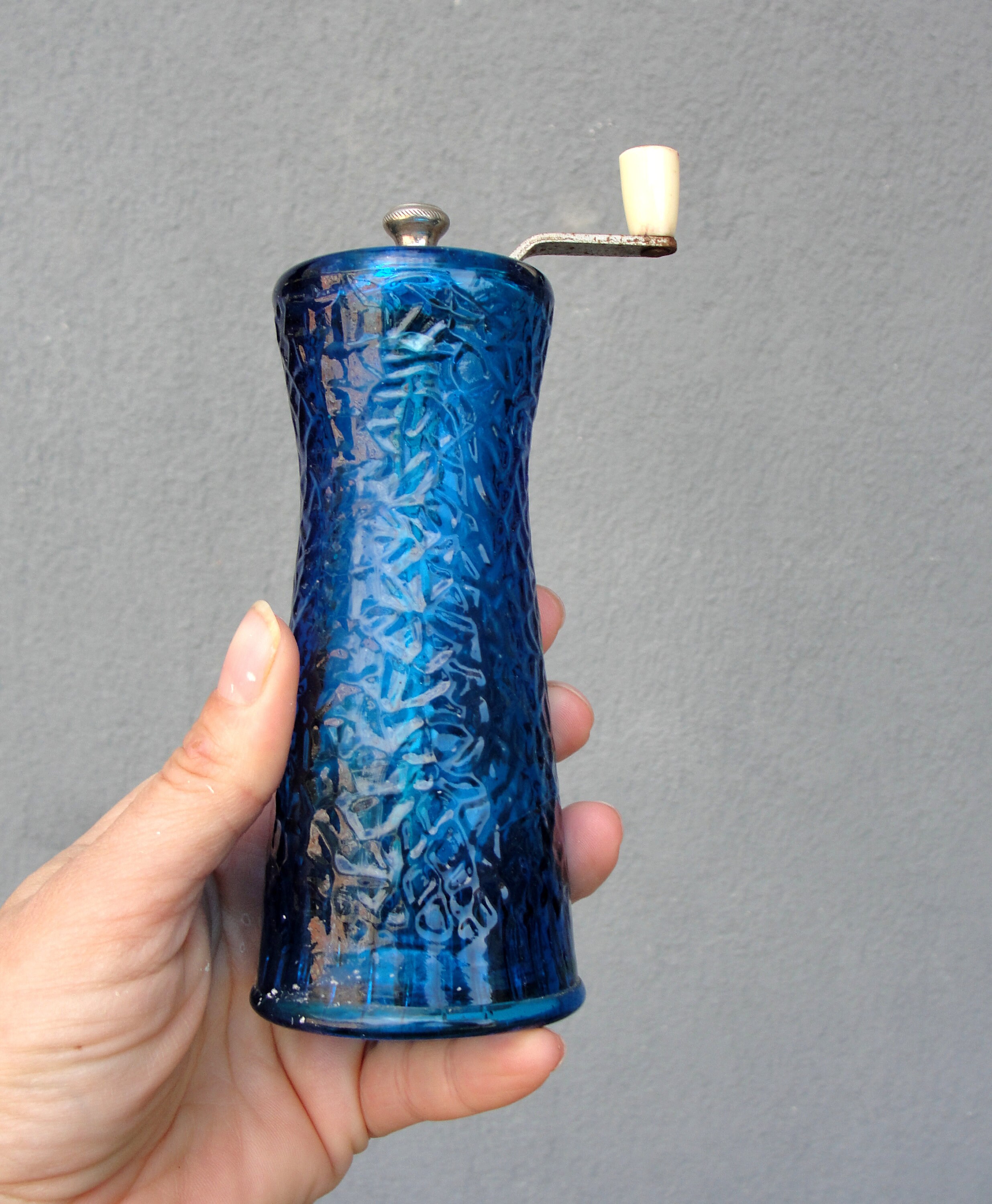 Vintage Blue Glass Oil Lamp, Hand Cup, Pepper Grinder - 1940s-80s Decor ...