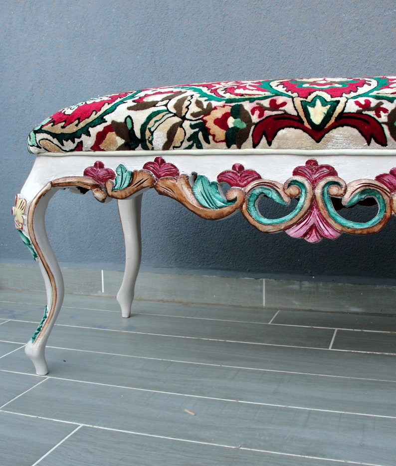 Large Floral Embroidered Ottoman Hand Carved Wooden - Etsy