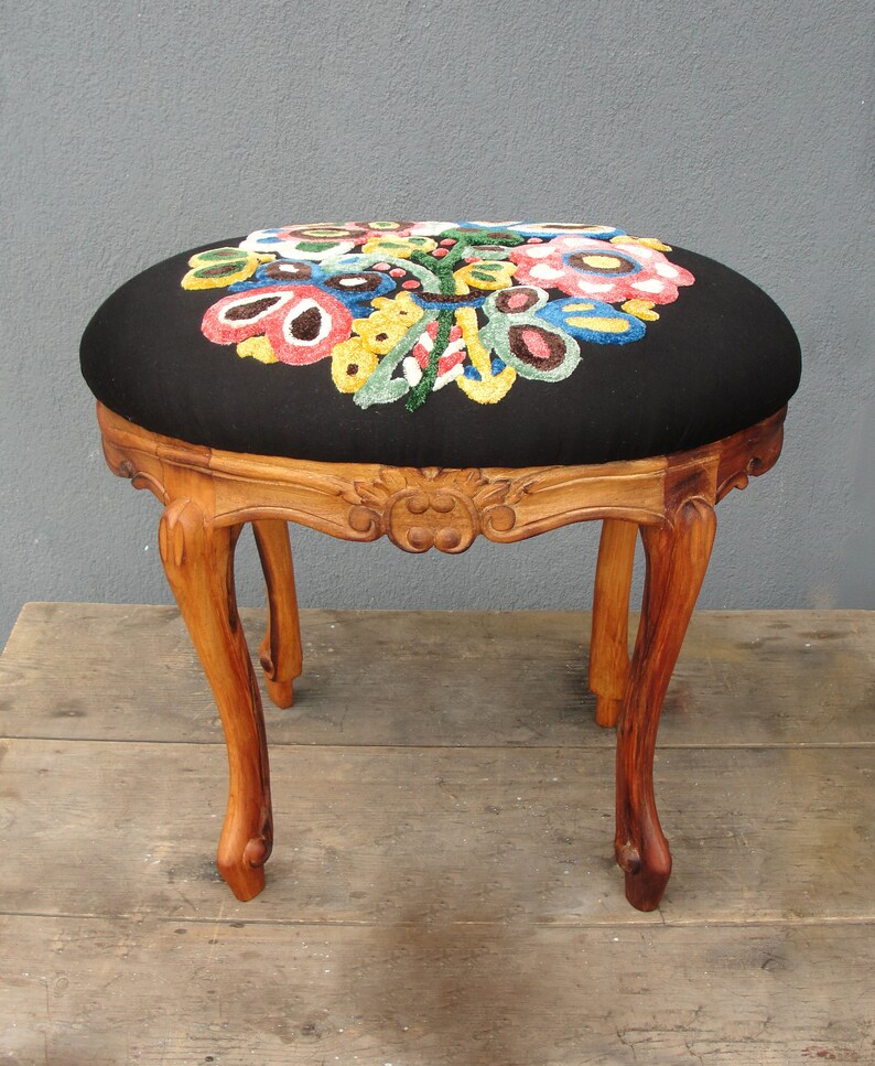 Wooden Floral Pouf Embroidered Stool Ottoman Pouf Romantic - Etsy