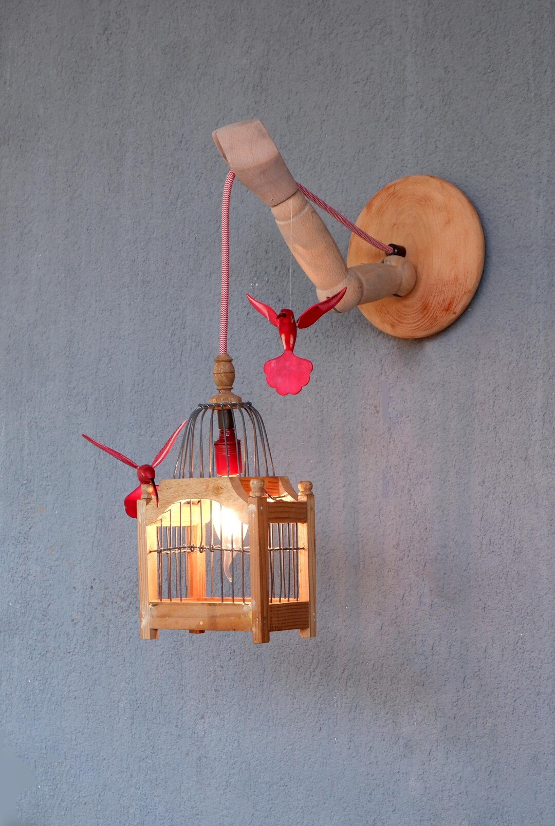 Hummingbird Cage Wall Sconce: Vintage Wooden Hand Lamp, Surreal ...