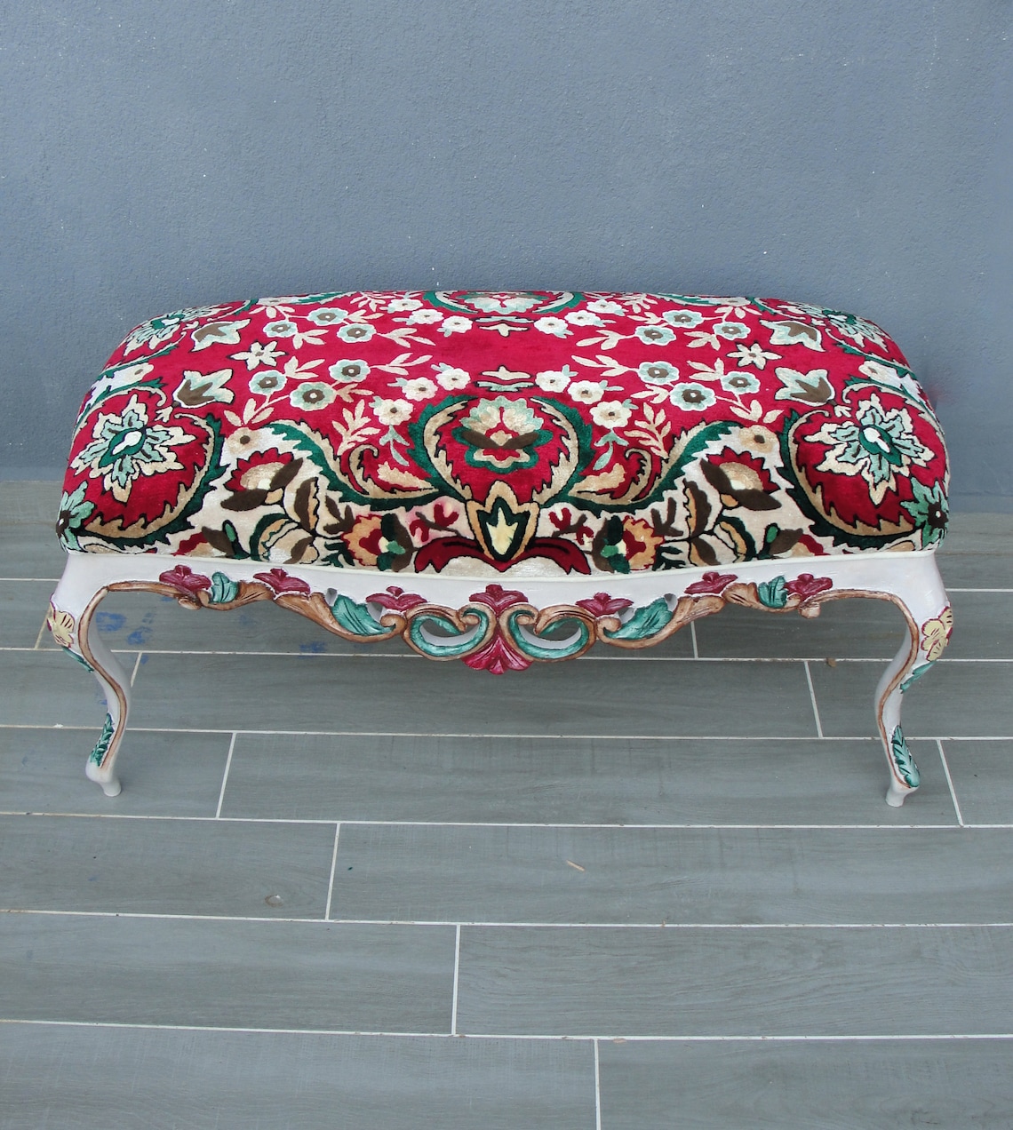 Large Floral Embroidered Ottoman Hand Carved Wooden - Etsy