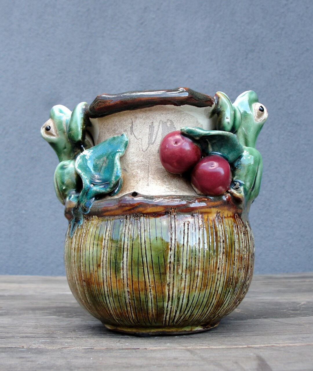 Vintage Majolica Frog Vase Pot, Wet Crackle Glaze, Art Pottery ...