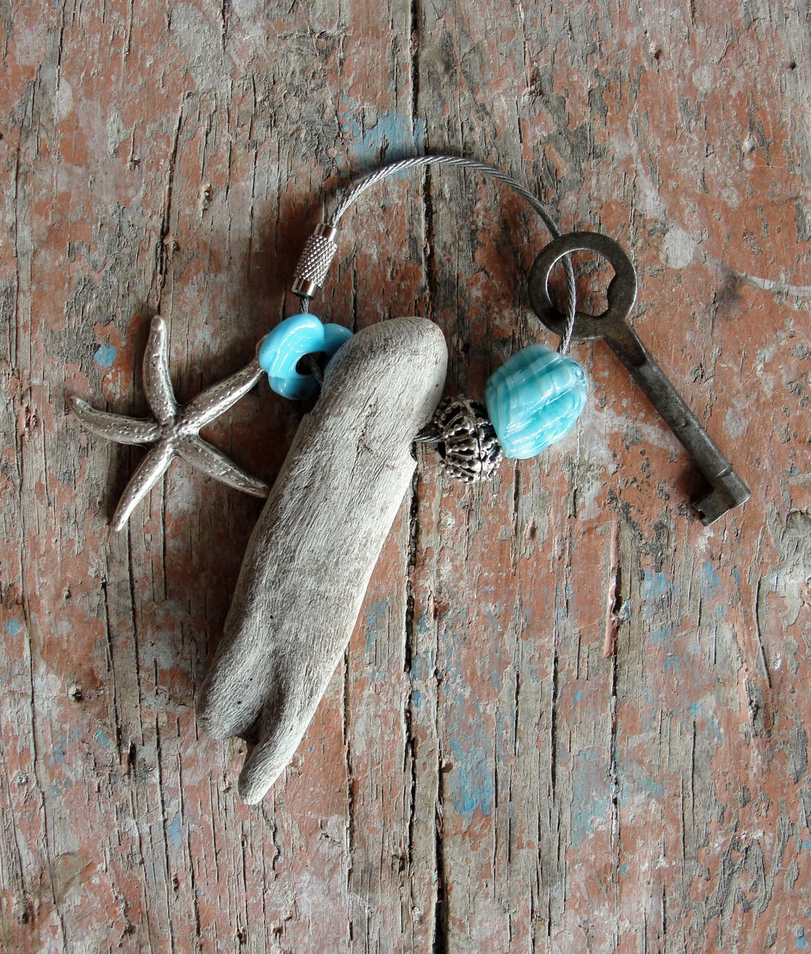 Sea Treasures Keychain Driftwood Starfish Glass Nautical - Etsy