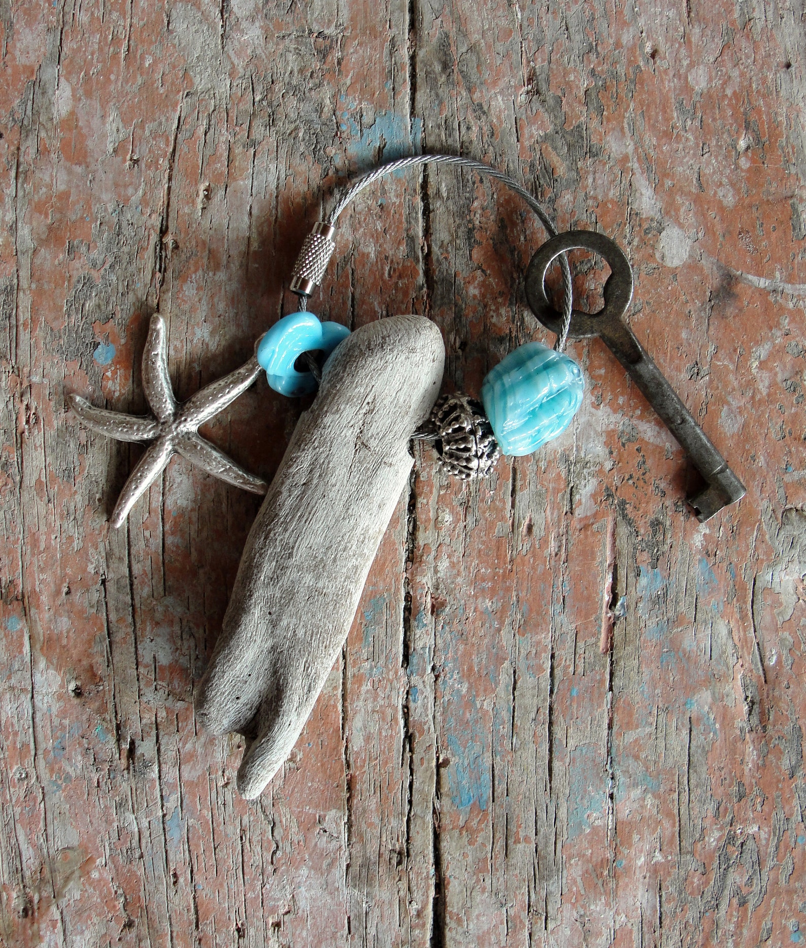 Sea Treasures Keychain Driftwood Starfish Glass Nautical - Etsy