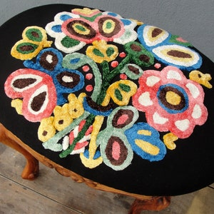 Wooden Floral Pouf Embroidered Stool Ottoman Pouf Romantic Style Wooden ...