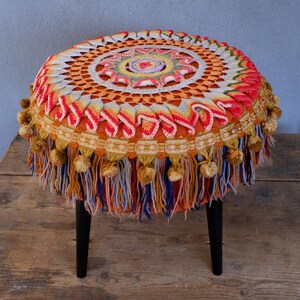 Round Crochet Ottoman: Bohemian Fringe Pouf, Vintage Textile - Etsy
