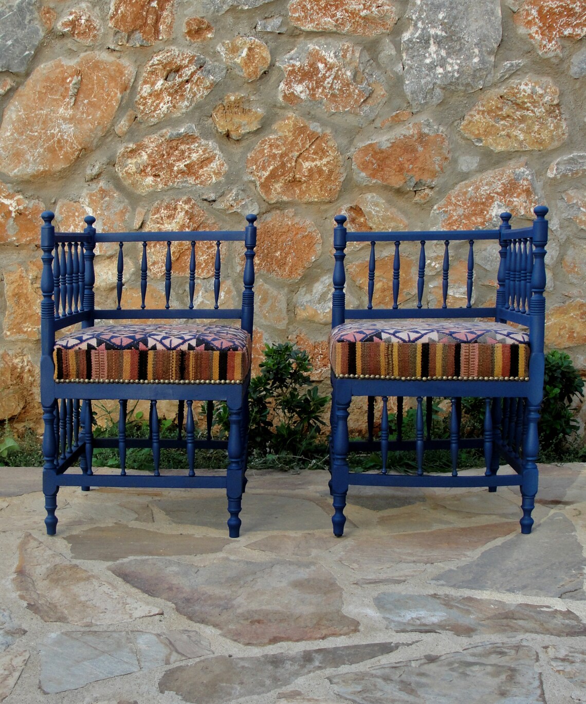 Blue Kilim Chairs Two Corner Chairs Bohemian Geometric | Etsy
