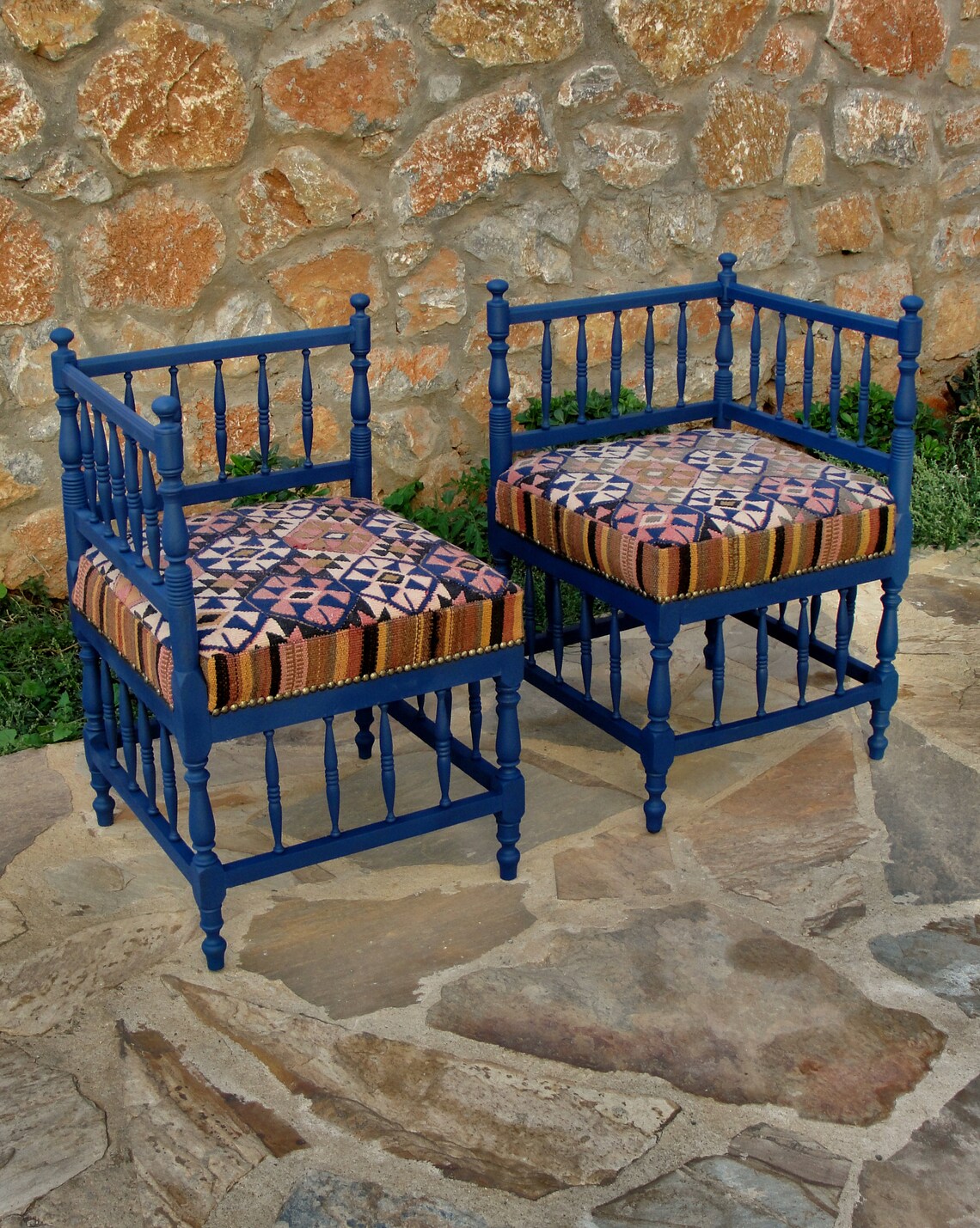 Blue Kilim Chairs Two Corner Chairs Bohemian Geometric | Etsy