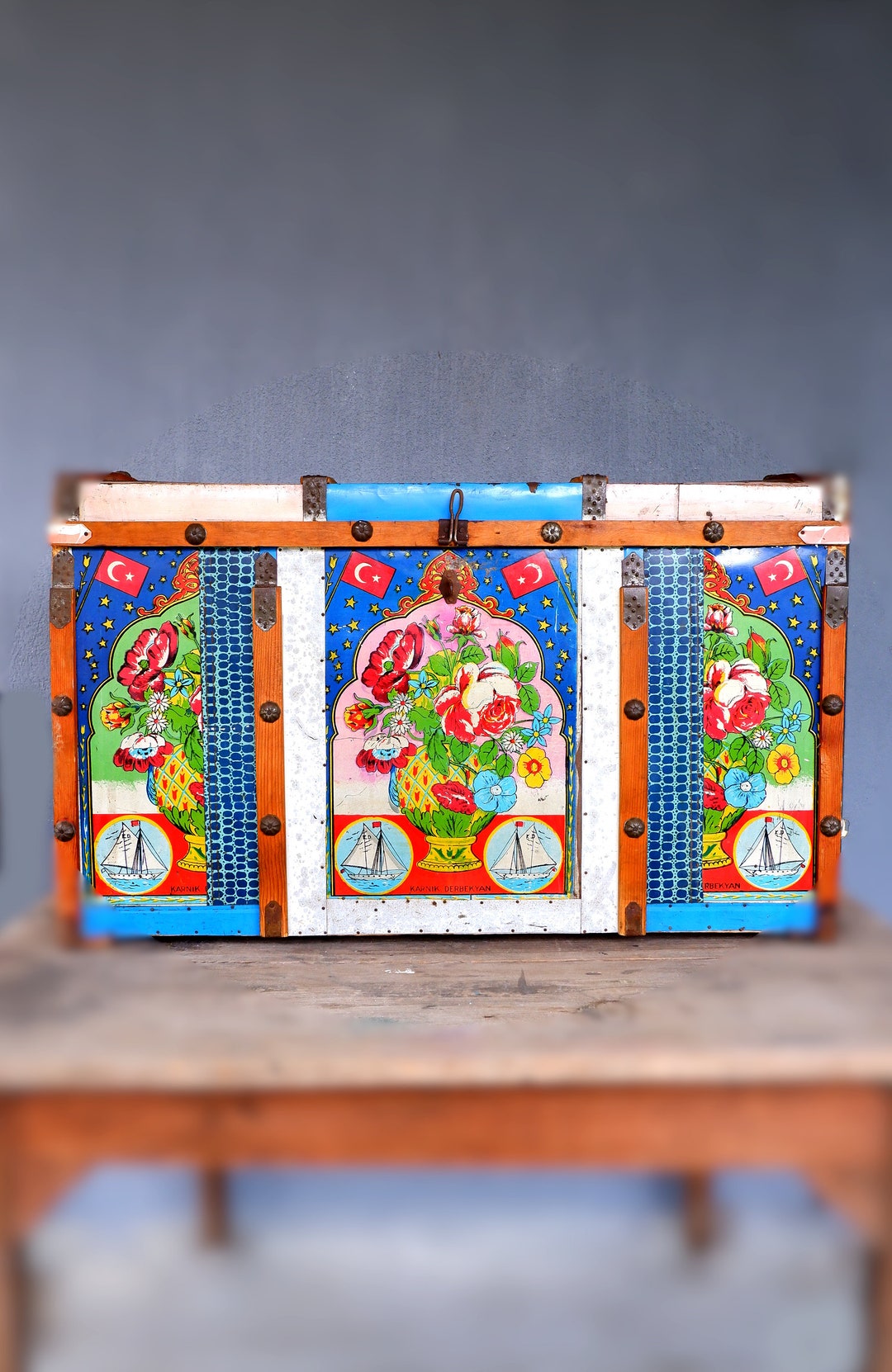 Blue Floral Chest, Vintage Wooden Chest Trunk Footlocker 1930s Bohemian ...