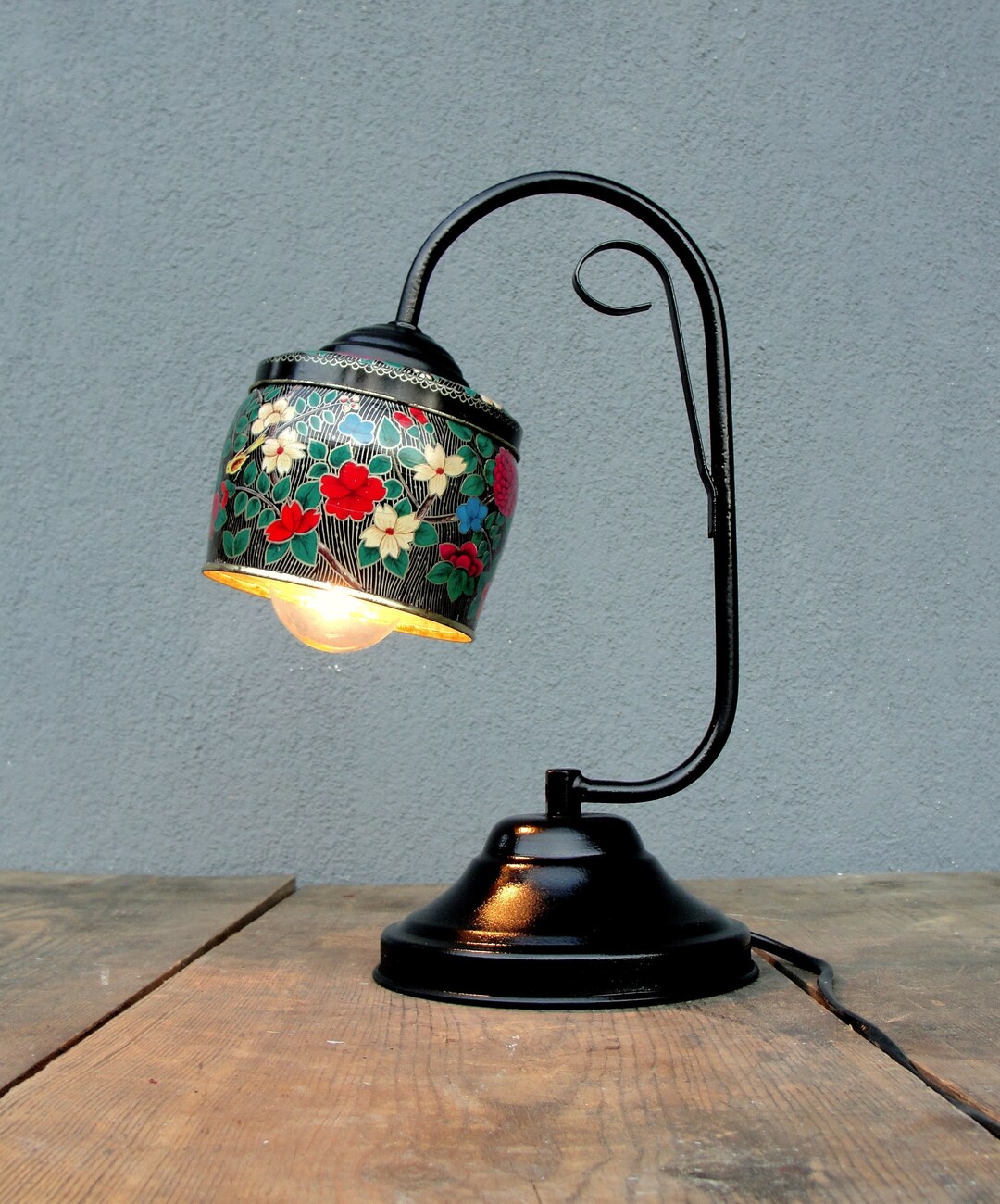 Vintage Tin Lamp, Black Table Floral With Birds Lamp, Handmade Lamp ...