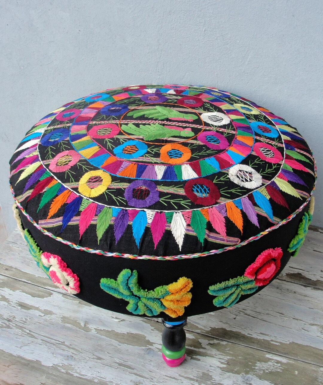 Bohemian Embroidered Ottoman, Vintage Embroidery Pouf Bohemian Wooden ...