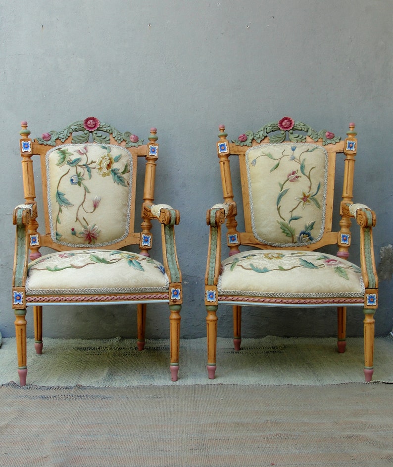 Floral Embroidered Chair Handcarved Wooden Armchair Bohemian - Etsy