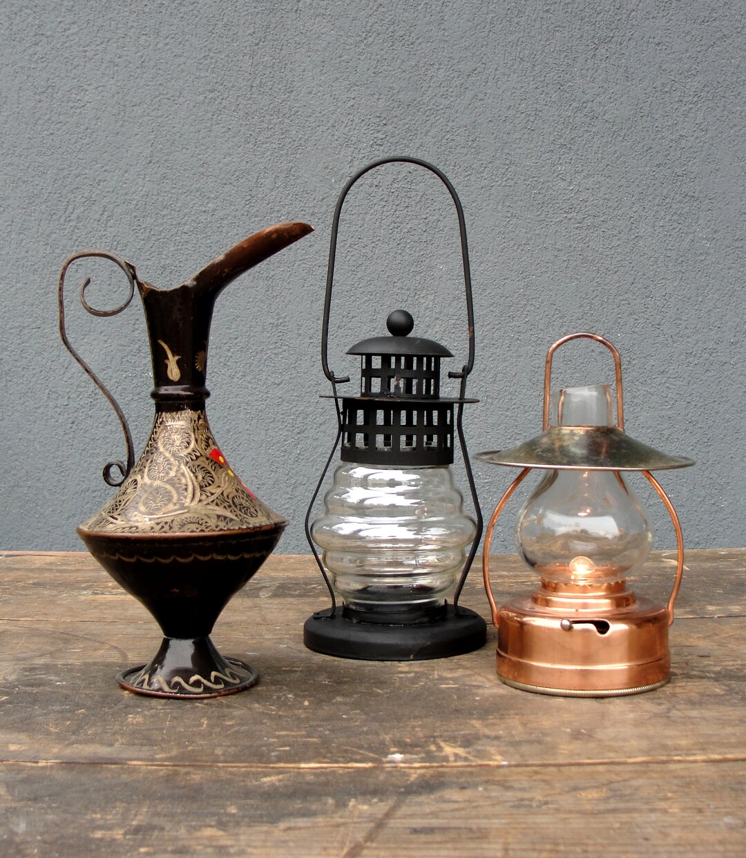 Copper Oil Lamp, Lantern, Vintage Candle Holder, Pitcher, Glass and ...
