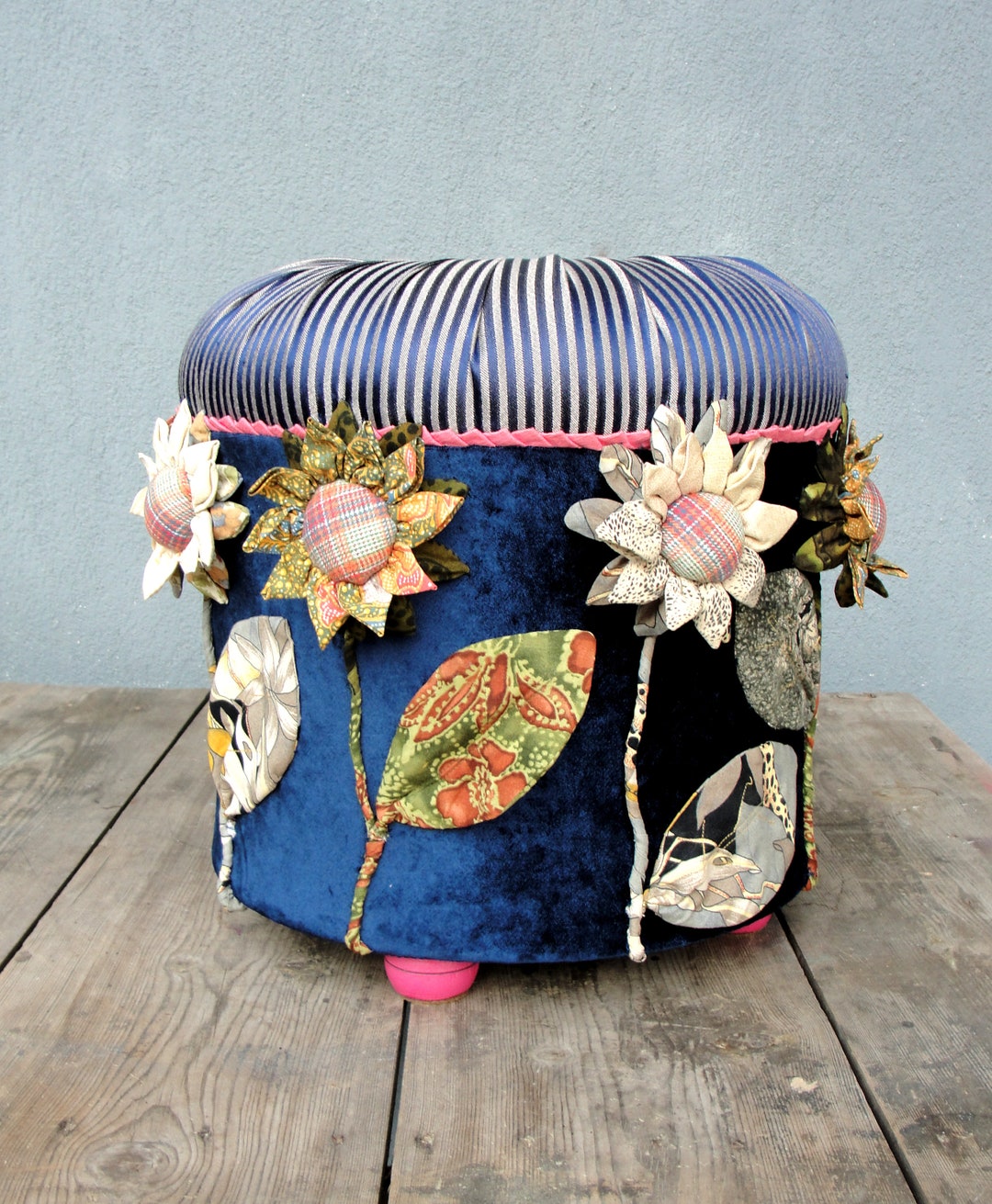Sunflowers Ottoman, Bohemian Pouf With Handmade Fabric Flowers, Stripes ...