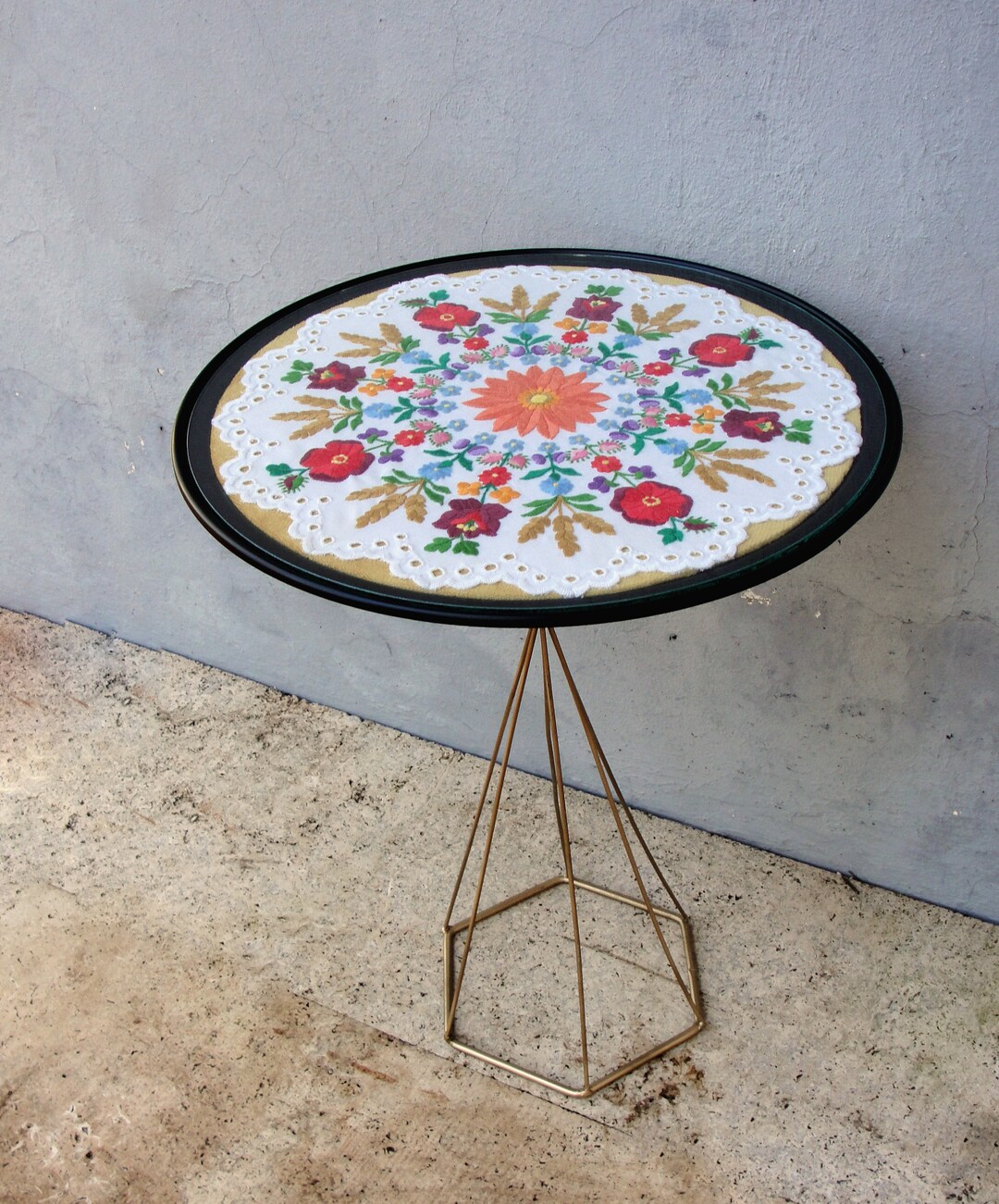 Embroidered Side Table, Diamond Hairpin Legged, Bohemian End Table With ...