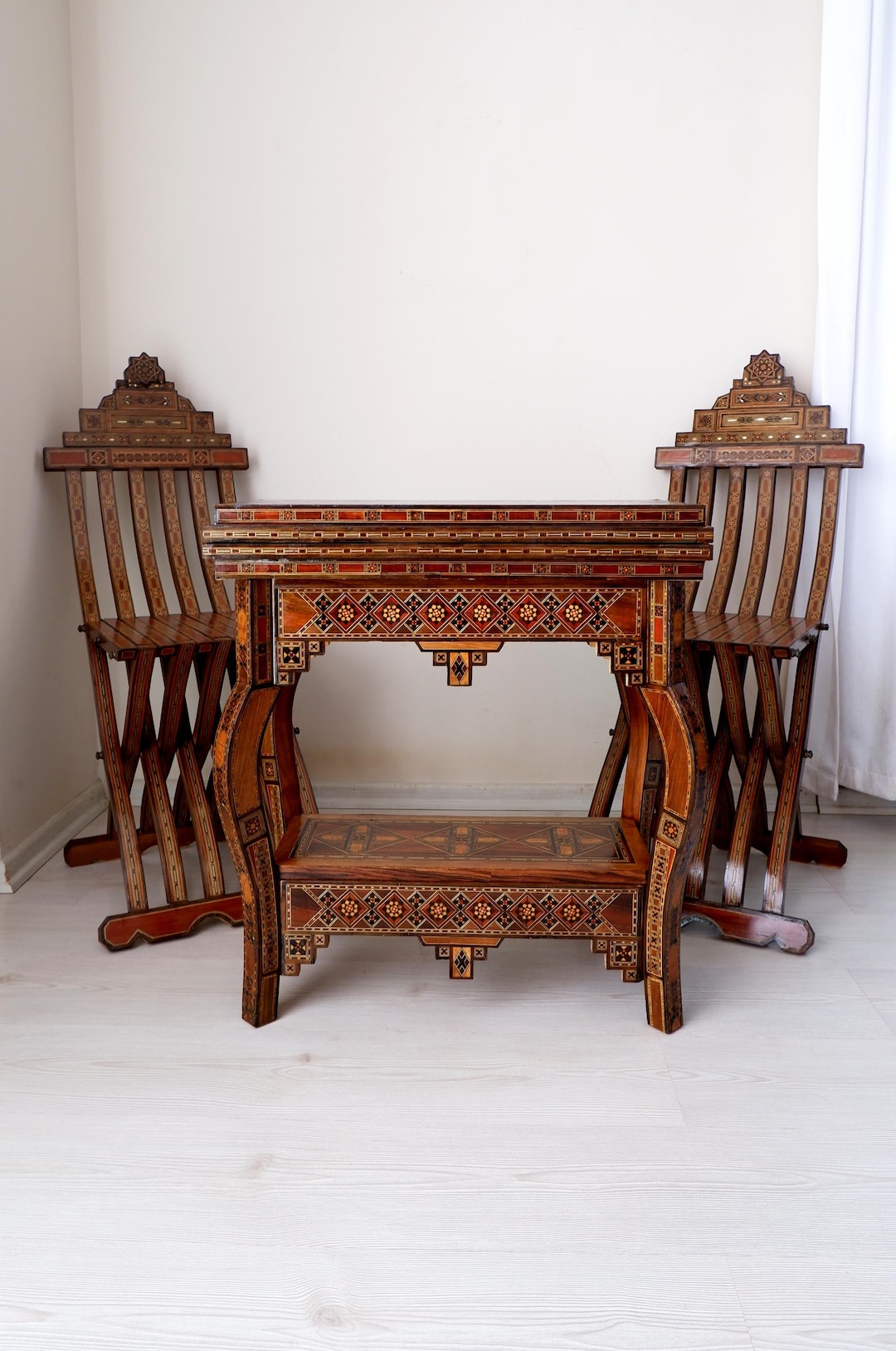 Backgammon Table and Chairs Inlaid Set, Syrian Two Foldable Chairs With ...