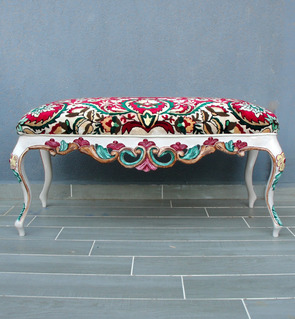 Large Floral Embroidered Ottoman Hand Carved Wooden - Etsy